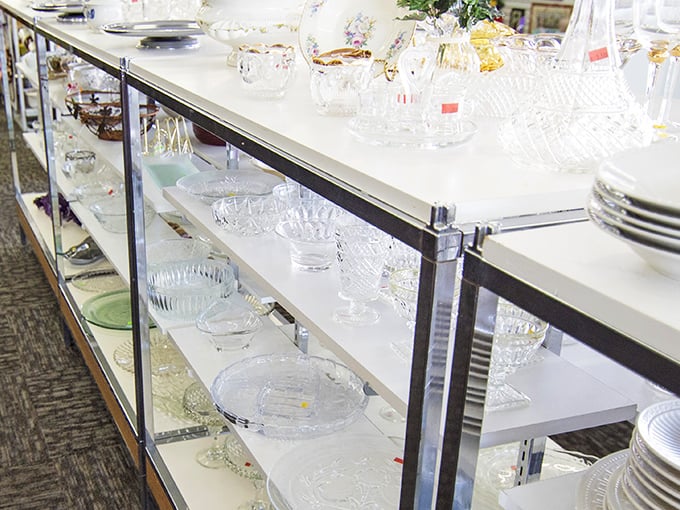 Crystal and glassware that survived decades of dinner parties now sparkle under fluorescent lights, waiting to class up your next gathering.