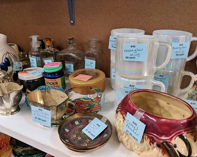 Iridescent mugs and vintage bottles share shelf space like old friends at a reunion. Every piece whispers, "Take me home!"