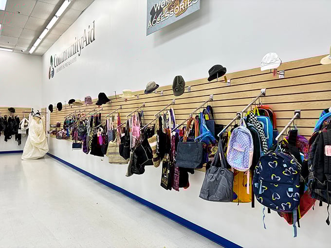 Handbags and backpacks dangle ready to carry your belongings while costing less than what you'd spend filling them with groceries.
