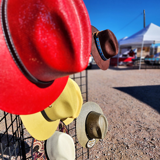Hats that have seen more adventures than Indiana Jones, now waiting for their next chapter under the Southwestern sun.
