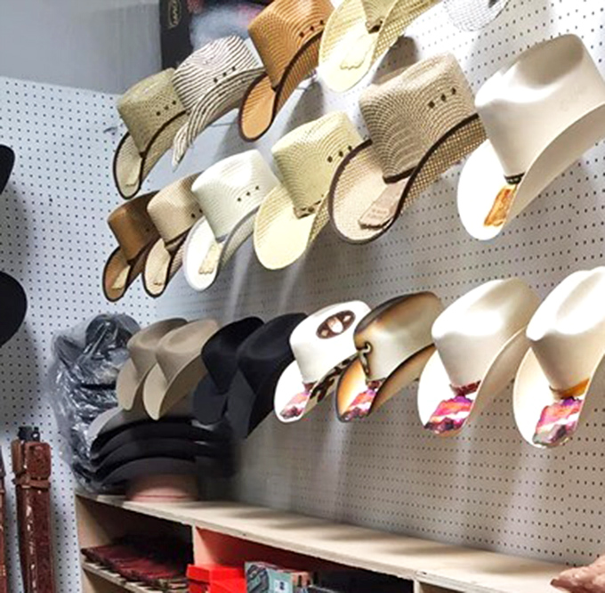 A wall of western hats for every aspiring cowboy &ndash; from "first rodeo" novice to "been riding the range for decades" authentic.