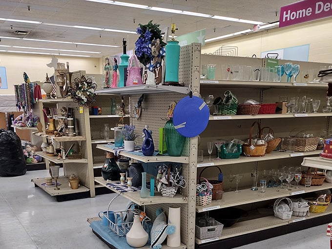 The home decor aisles offer everything from practical baskets to whimsical vases. Yesterday's design choices become tomorrow's vintage finds.