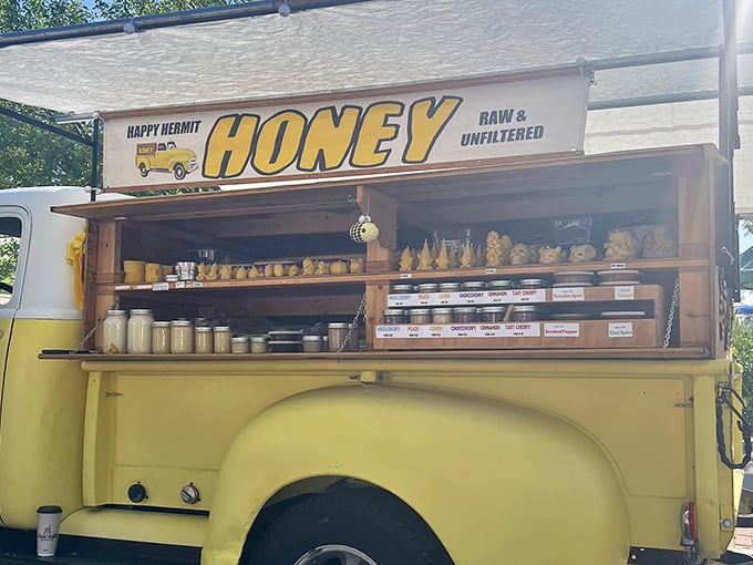 Happy Hermit Honey's vintage yellow truck isn't just selling sweetener&mdash;it's offering liquid sunshine in jars, each with its own floral story.