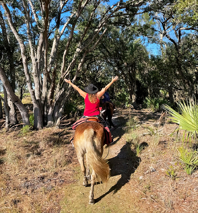 A rider embraces the freedom of horseback exploration &ndash; the original eco-friendly way to experience Florida's wild spaces.