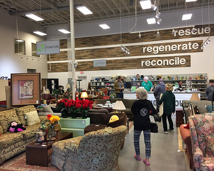 "Rescue, regenerate, reconcile" isn't just wall decor&mdash;it's the philosophy behind every comfy sofa and poinsettia-adorned coffee table.