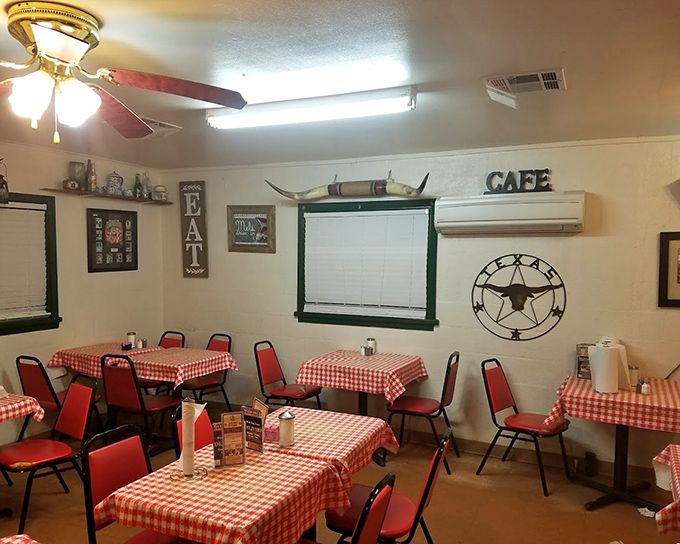 More seating awaits in this charming space decorated with Texas pride and the promise of leaving absolutely, wonderfully stuffed.