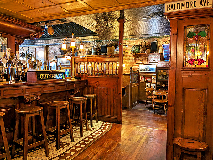 Warm wood, exposed brick, and stained glass windows create the kind of atmosphere that makes you want to cancel your next appointment.