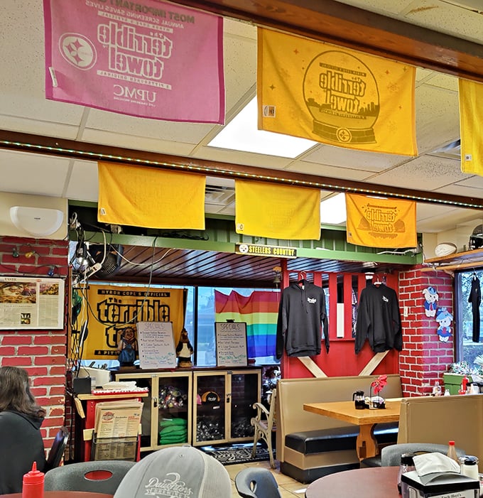 Sports pennants and local pride decorate the walls &ndash; this isn't just a restaurant, it's a community gathering spot.