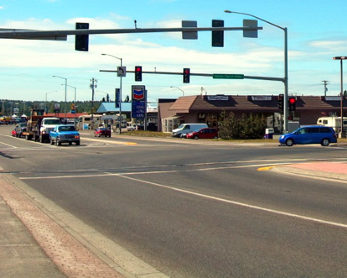 Small town traffic in Soldotna means waiting for two cars instead of twenty &ndash; and everyone waves while they're waiting.