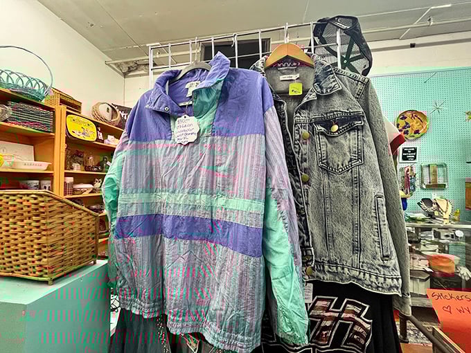 Fashion archaeology at its finest: each jacket tells a story of decades past, from acid-washed denim to color-blocked windbreakers.