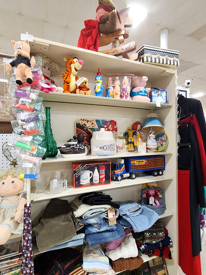 Nostalgia stacked high&mdash;Disney characters, vintage clothing, and collectibles creating a time capsule of American pop culture.