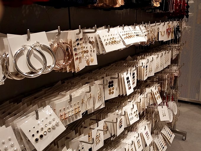 Jewelry displays offer affordable accessories to complement your outlet fashion finds. Tiny treasures that won't break the bank but will break the monotony of your wardrobe.