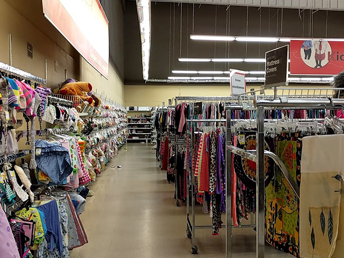 The children's clothing section: where tiny fashions await new adventures and growth spurts that will inevitably bring them back here.