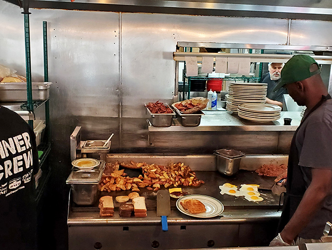 The bustling kitchen line where breakfast dreams come true&mdash;watch as eggs, potatoes, and toast perform their perfectly choreographed dance.