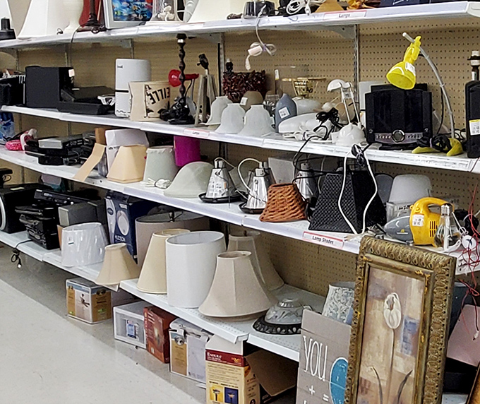 The lamp section&mdash;where lighting fixtures await their "bright" future. That yellow desk lamp could illuminate your next great novel.