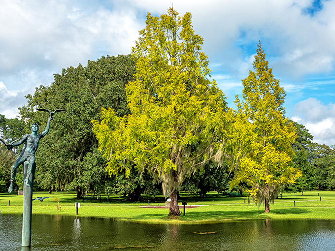Golden cypress trees stand like nature's sculptures, proving Brookgreen's most impressive art might be the living kind.
