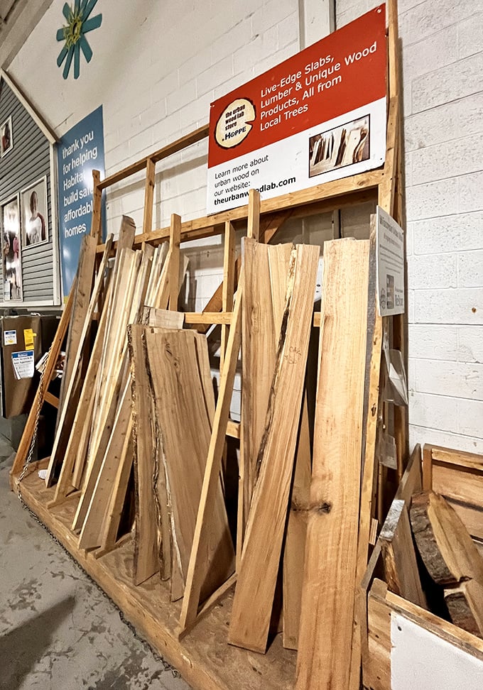 Live-edge lumber slabs leaning like wooden dominoes, each piece whispering possibilities about the custom shelves you've been dreaming about.