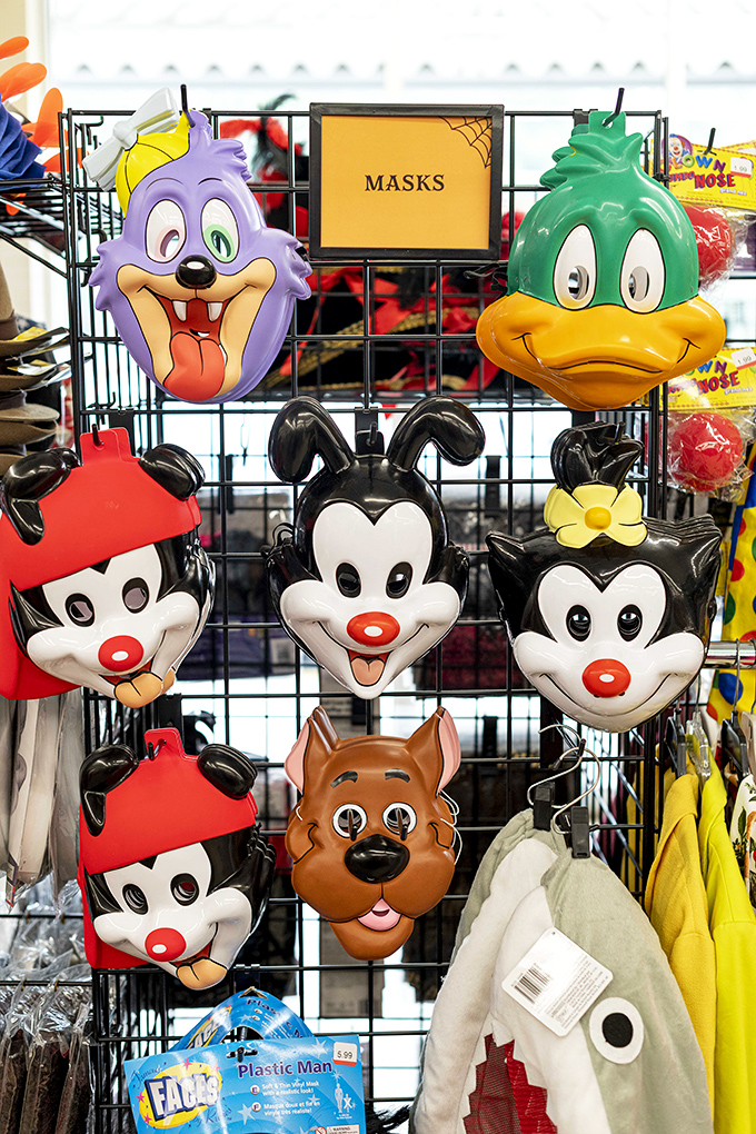 Cartoon character masks grin from their display, ready to transform ordinary Tuesdays into impromptu costume parties or terrify unsuspecting houseguests.