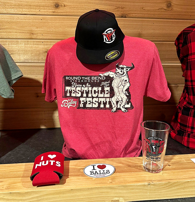 The merchandise proudly embraces the restaurant's famous festival with unabashed humor. Souvenirs that definitely start conversations.