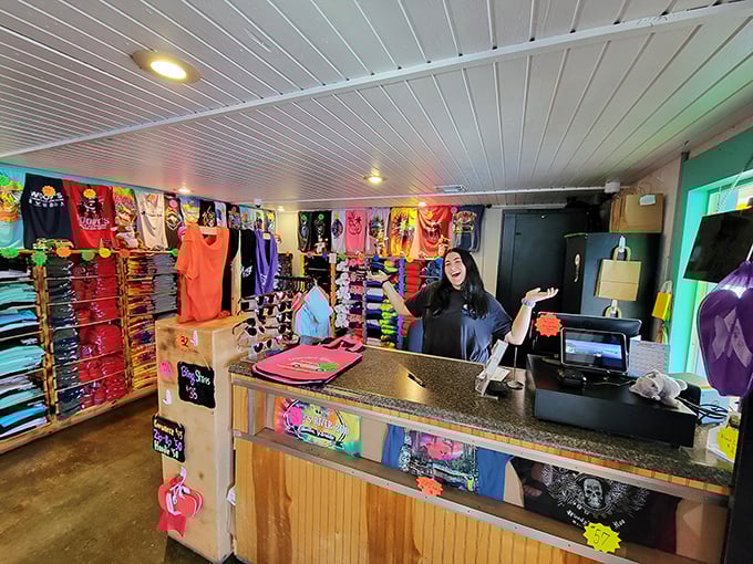 The merchandise shop offers the ultimate souvenir&mdash;a brightly colored t-shirt that says "I found paradise and it serves Reubens."