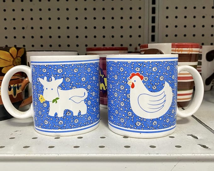 Farmhouse-style mugs featuring whimsical animals bring country charm to any kitchen. That cow and chicken duo is just begging to serve up morning coffee.