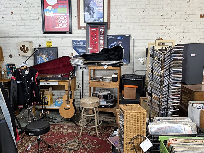 A musician's corner where instruments wait patiently for their next gig, each with stories of past performances etched into their wood.