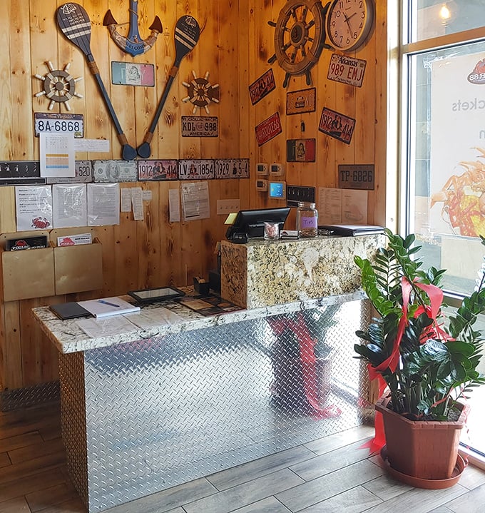 The order counter stands ready, like mission control for your upcoming seafood expedition.