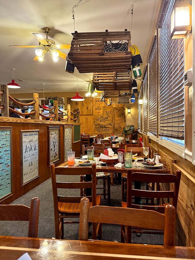 Another dining room where lobster traps hang like chandeliers. The maritime museum vibe continues, making every table feel like the captain's quarters.