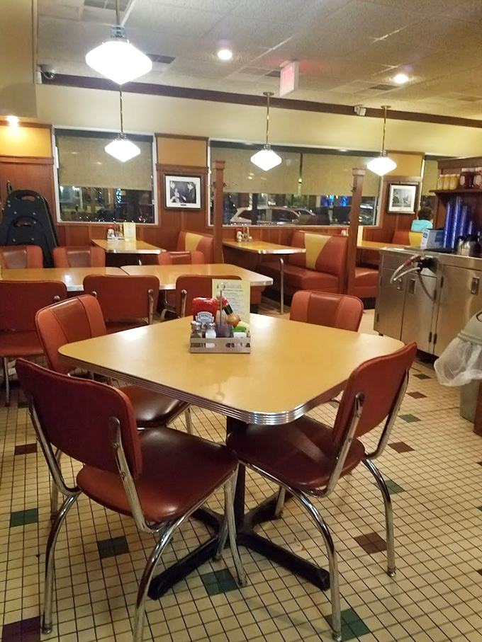 Classic diner geometry: square tables, round lights, and rectangular memories made in this temple of comfort food.