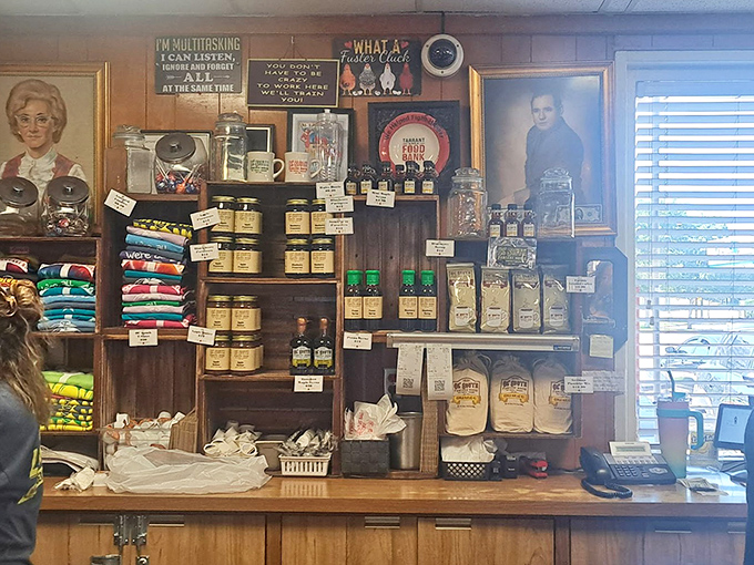 The retail corner offers a taste of Ol' South to take home, because sometimes breakfast nostalgia needs to live in your pantry too.