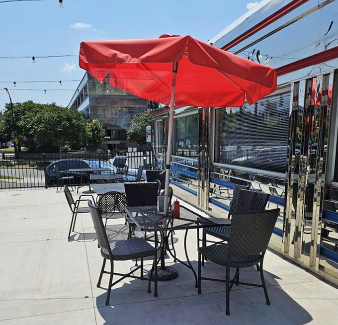 The outdoor patio provides fresh air for those who've perhaps overindulged inside&mdash;red umbrellas standing guard against both sun and food comas.