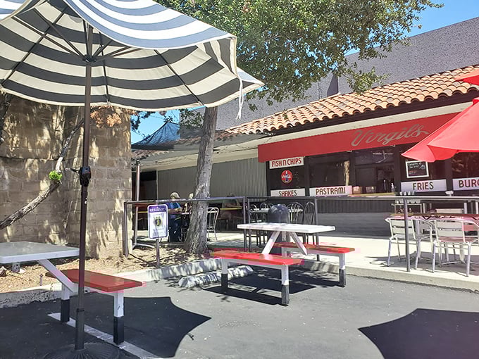 Outdoor seating under striped umbrellas offers a California twist on the classic diner experience &ndash; sunshine with a side of pancakes.