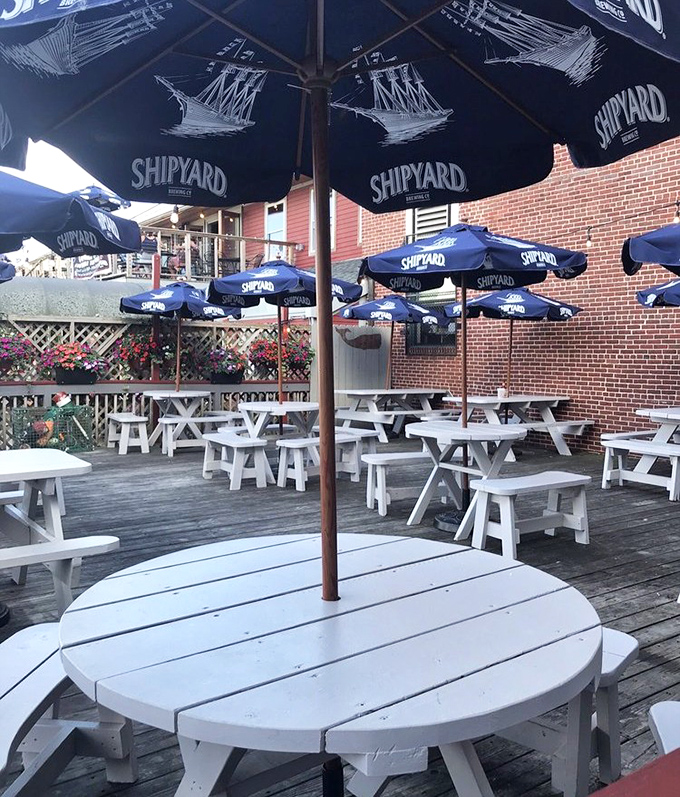 Summer dining perfection under Shipyard umbrellas. Maine's precious outdoor dining season is best enjoyed with a sea breeze and seafood feast.