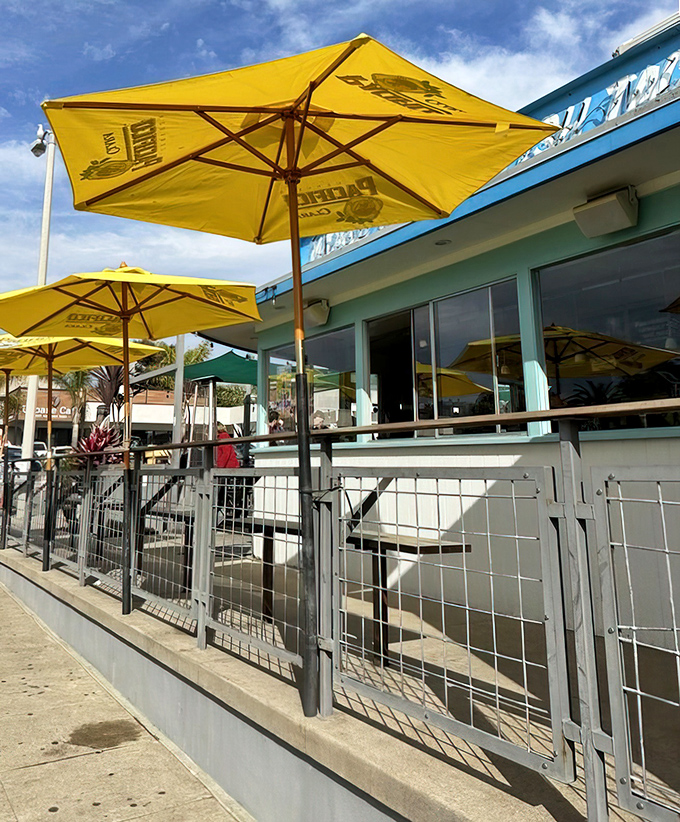 Yellow umbrellas create islands of shade where taco treasures can be savored with ocean breezes as your dining companion.