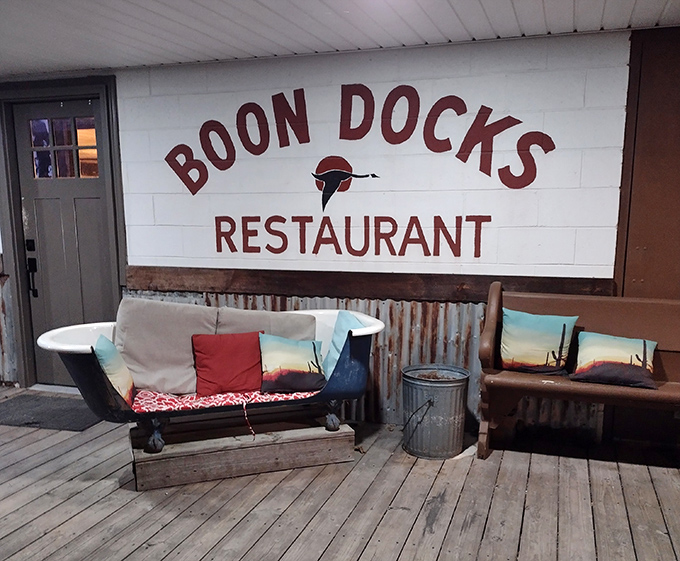 As evening falls, the porch becomes Delaware's most charming waiting area, complete with bathtub seating for the patient hungry.