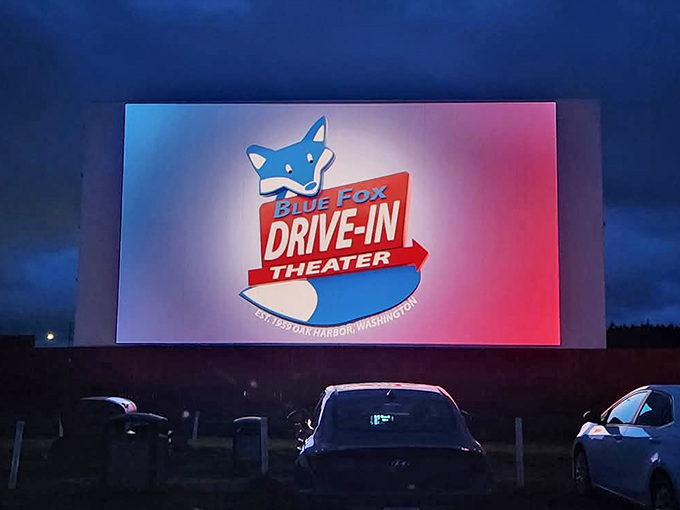 The Blue Fox logo illuminates the night, a beacon calling movie lovers home to Whidbey Island.