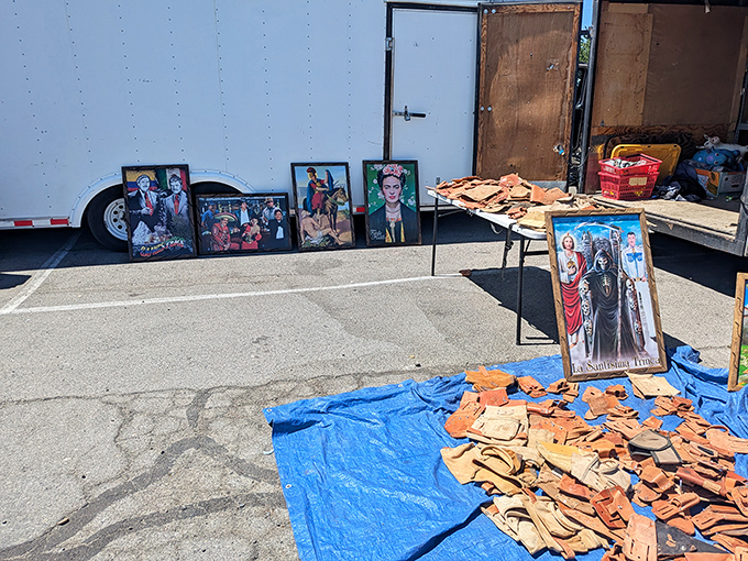 Frida Kahlo watches over leather goods, her iconic gaze drawing shoppers to this artistic corner of the market.