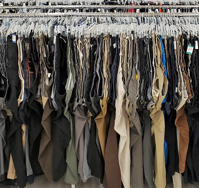 The pants section &ndash; where khakis, dress slacks, and jeans hang like patient soldiers, waiting for their next deployment to office, dinner, or dog walk.