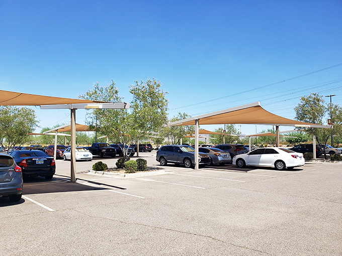 Covered parking: where your car stays cool while your credit card gets hot. A thoughtful desert shopping necessity.