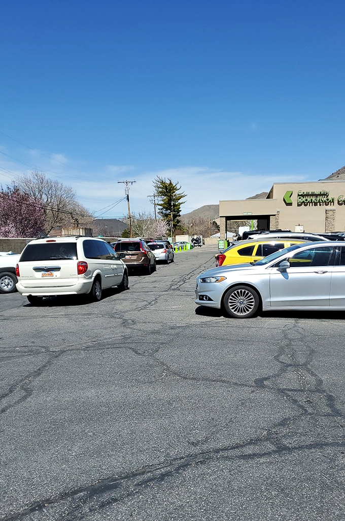 The parking lot view reveals the Wasatch Mountains standing guard over bargain hunters. Even the scenery at Savers offers more bang for your buck.