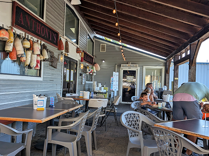 The outdoor seating area, where buoys become d&eacute;cor and ocean breezes enhance flavors that already needed no improvement.