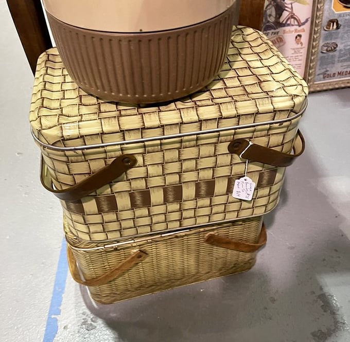 Picnic baskets from when outdoor dining required actual effort instead of just grabbing takeout containers.