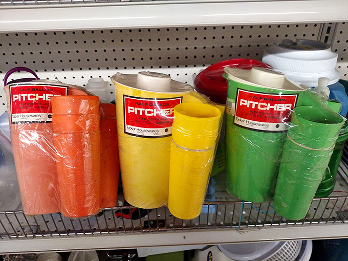 Technicolor hydration stations! These vintage plastic pitchers are straight out of a 1970s summer barbecue fever dream.