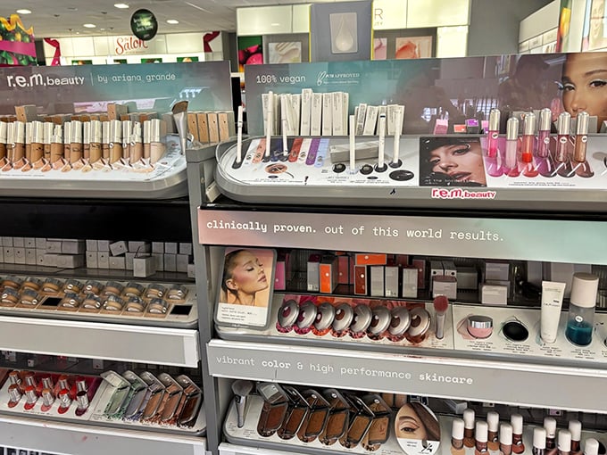 Beauty products lined up like soldiers ready for battle against aging, dullness, and bank account surpluses. Ariana Grande would approve.