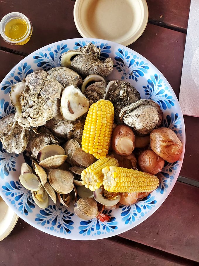 A seafood feast fit for Neptune himself&mdash;oysters, clams, and corn creating the kind of plate that makes conversation stop and eyes widen.
