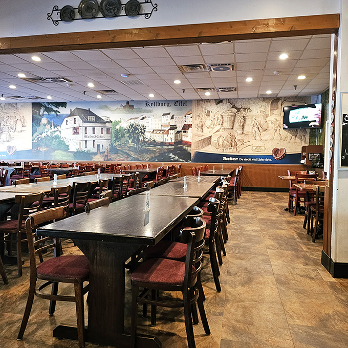 Long communal tables await large groups ready to toast, feast, and make memories over steins of German beer.
