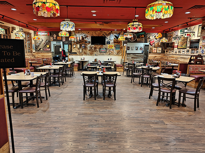 The warm wood paneling and colorful lamps create an atmosphere where calories don't count and coffee refills are practically mandatory.