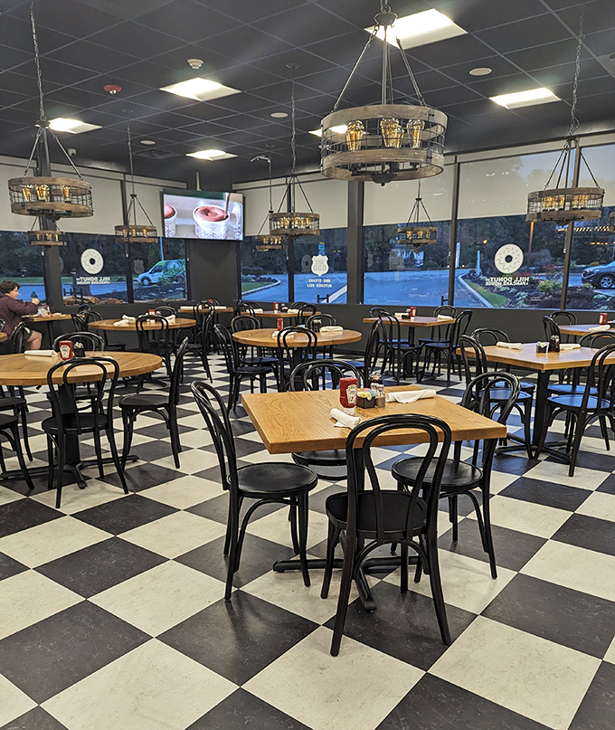 Tables awaiting stories to be shared over coffee and pancakes. The lighting fixtures deserve their own HGTV feature episode.