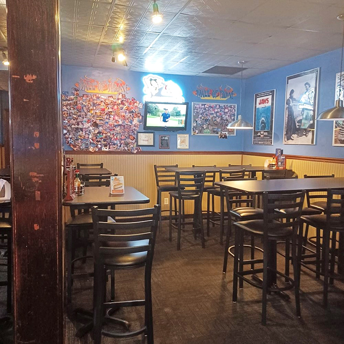 High-top tables and comfortable bar seating create the perfect perches for people-watching while debating your next sauce selection.