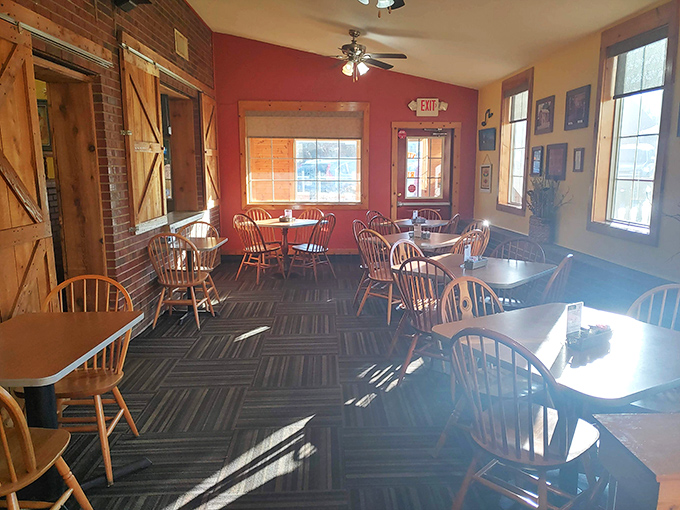 Rustic barn doors and geometric carpet create that perfect diner vibe where time slows down for your morning meal.
